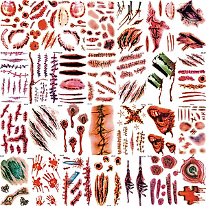 Shegazzi 228+ PCS 28 Sheets 3D Fake Scars Zombie Tattoo Temporary Halloween Makeup Kit For Kids Women Men Adults Fake Wound Cut Stitches Tattoo Chucky Makeup Kit Blood Scratches Scar Tatoos Decals