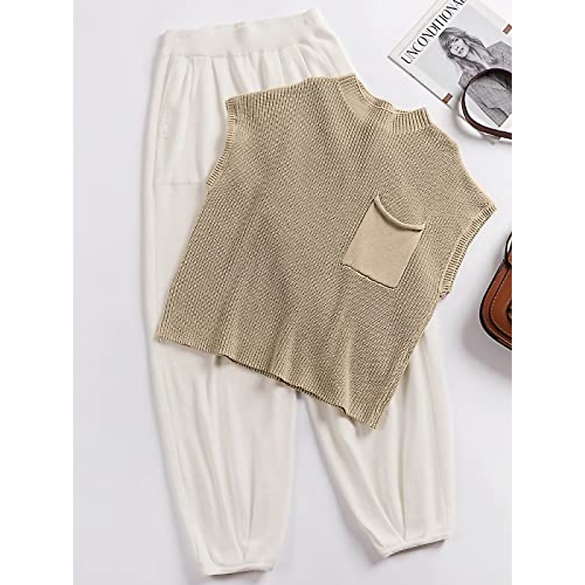 Caracilia Womens Two 2 Piece Outfits Lounge Sets 2023 Casual Fall Summer Fashion Matching Sweater Set Classy Comfy Sweatsuit Casual Cozy Knit Loungewear Set Airport Clothes ClothingC95A3qiankaqi-S