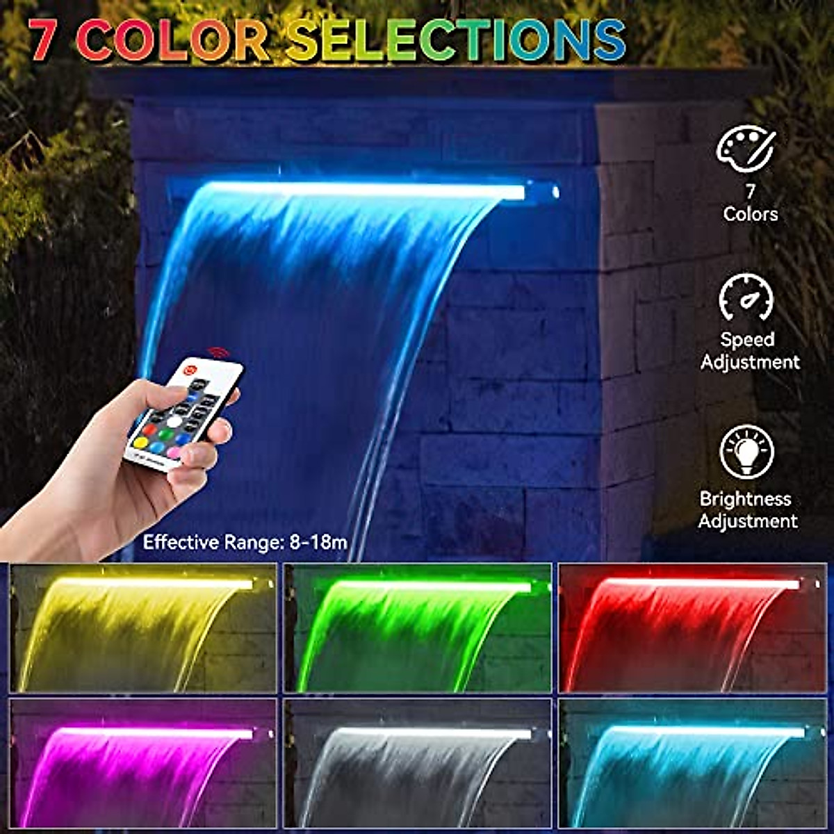 YITAHOME 48" Pool Fountain Stainless Steel Pool Waterfall with 7 Colors LED Light Changing Remote for Spillway, Swimming Pool, Outdoor Garden Decorations Transparent