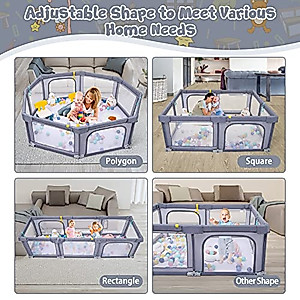 Foldable Baby Playpen, Ronipic Playpen for Babies and Toddlers, Adjustable Shape, Anti-Slip Base, 71"x59" Extra Large Baby Play Yards with Soft Breathable Mesh, Sturdy Baby Fence with Zipper Gate,Gray
