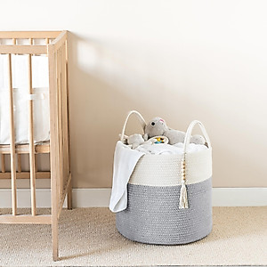 Mkono Woven Storage Basket Decorative Rope Basket Wooden Bead Decoration for Blankets,Toys,Clothes,PlantOrganizer Bin with Handles Living Room Home Decor, Grey and White, 16" W × 13.8"L