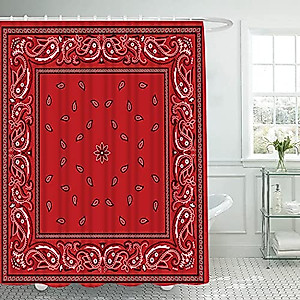 4 Piece Abstract Paisley Shower Curtain Waterproof Red Bandana Elegant Ethnic Tribal Bathroom Sets with Non-Slip Rugs, Toilet Lid Cover and Bath Mat with Standard Size