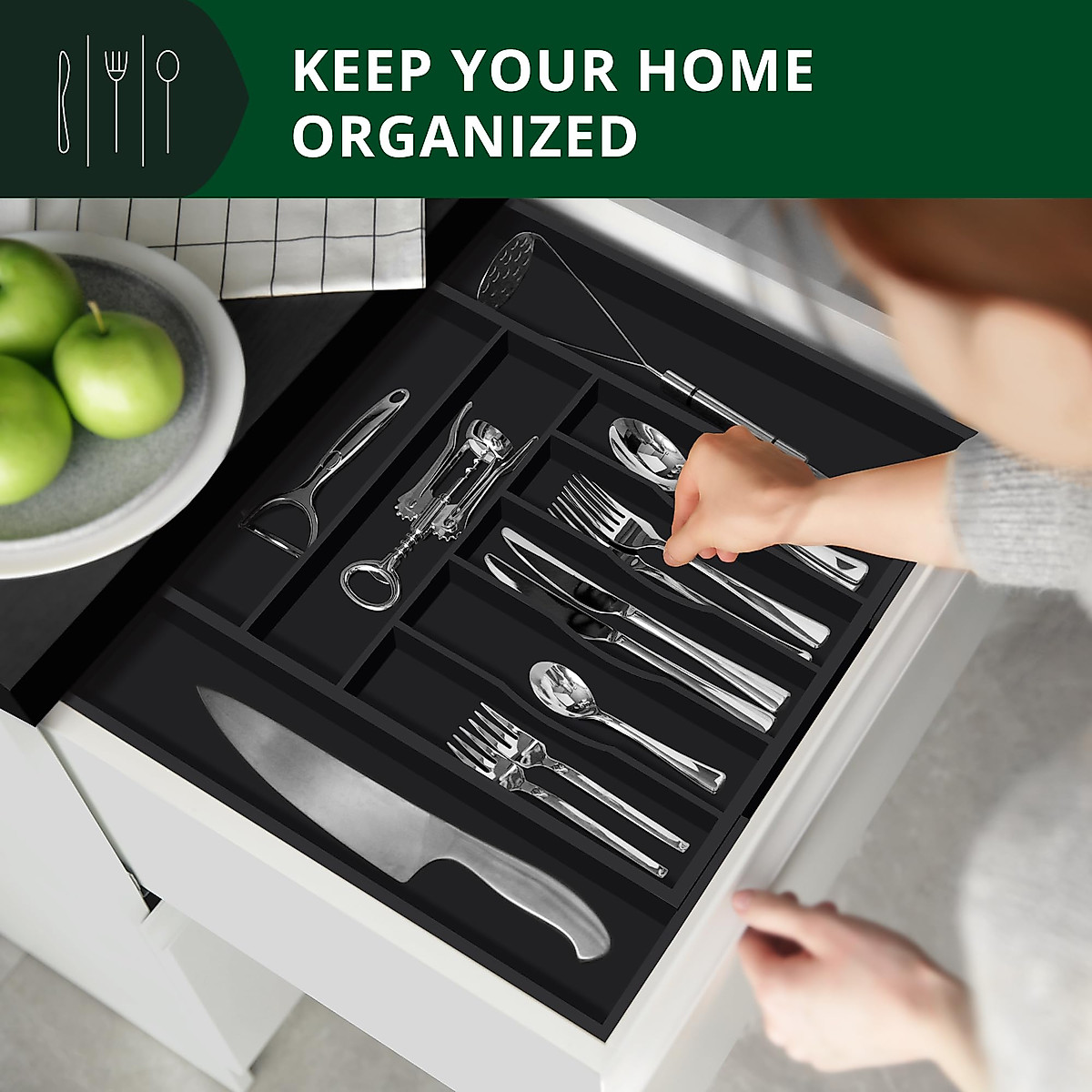 ROYAL CRAFT WOOD Luxury Bamboo Kitchen Drawer Organizer - Silverware Organizer - Utensil Holder and Cutlery Tray with Grooved Drawer Dividers for Flatware and Kitchen Utensils (9 Slot, Black)