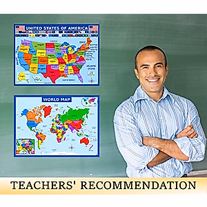 World Map Poster and USA Map with Extra Features - Laminated Educational Poster (14x19.5 in) – Maps for Kids, Classroom Decorations, Preschool and Elementary Learning, Teacher Supplies