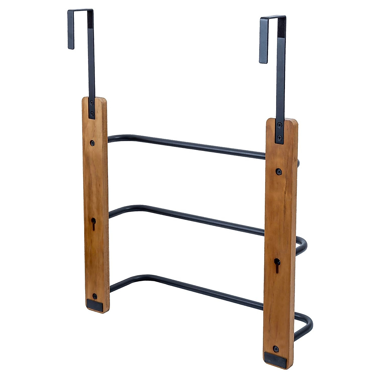 MyGift Rustic Over The Door Towel Rack, 3 Tier Solid Burnt Wood and Matte Black Metal Space Saving Bathroom Door Hanging Towel Bar