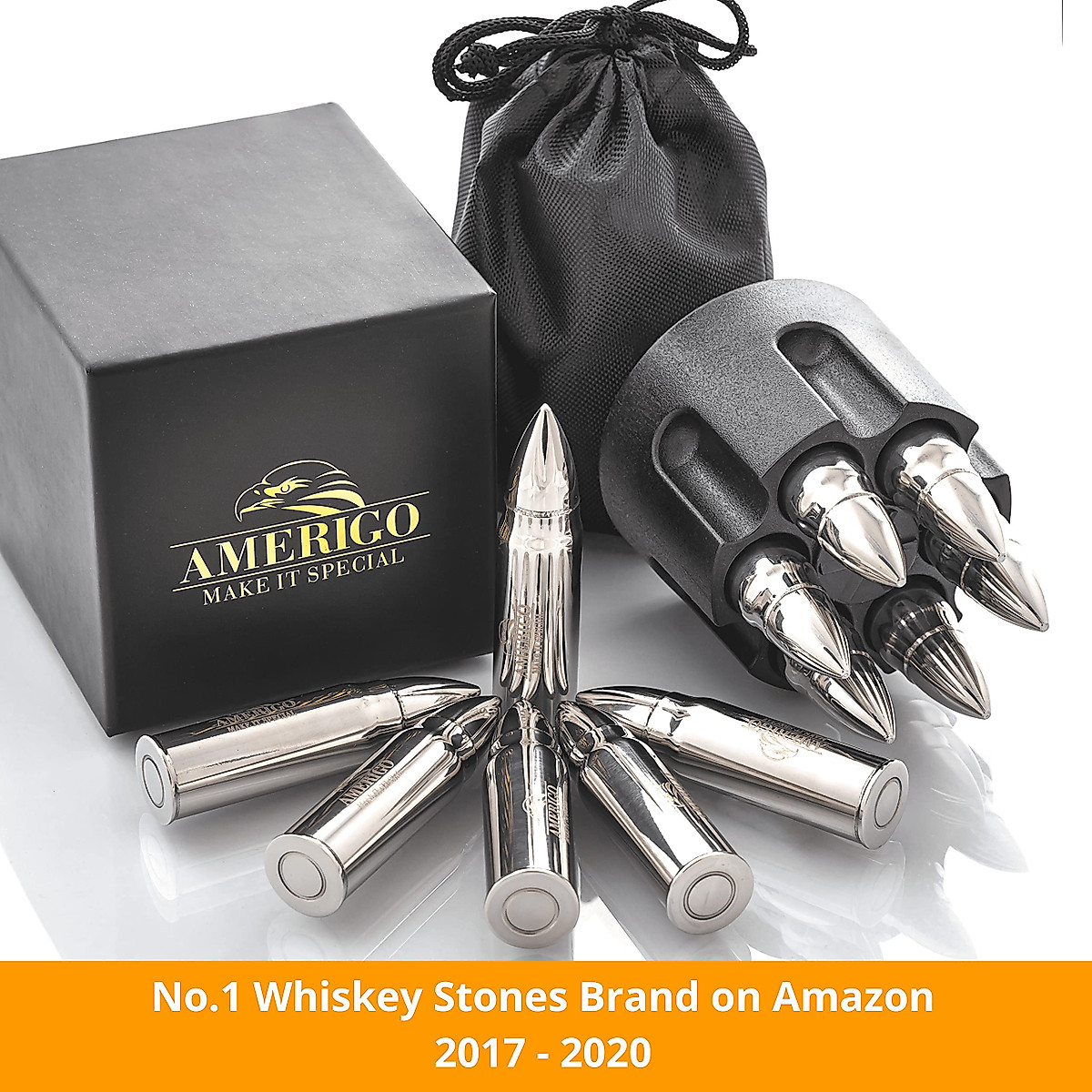 Whiskey Stones Bullets with Base - Silver XL Whiskey Ice Cubes Reusable for Men - Set of 6 Whiskey Bullets Stainless Steel in Revolver Base - Chilling Whiskey Rocks Gift Set by Amerigo
