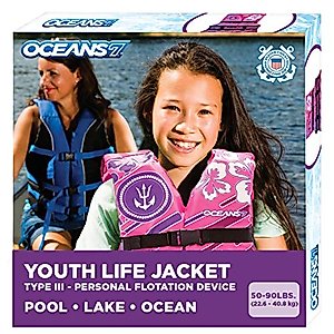 New Oceans7 US Coast Guard-Approved, Type III Youth Life Jacket - Personal Flotation Device with Flex-Form Chest and Open-Sided Design – Pink/Berry