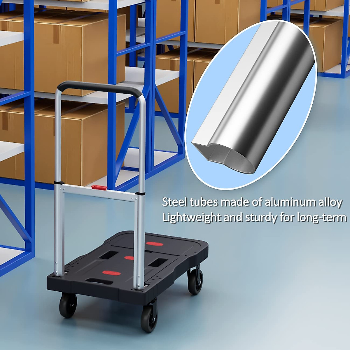 Platform Truck Foldable Push Cart Dolly 330lb Weight Capacity, Adjustable Hand Truck Handle with 360 Degree Swivel Wheels for Garage Garden Home & Office Use, Black