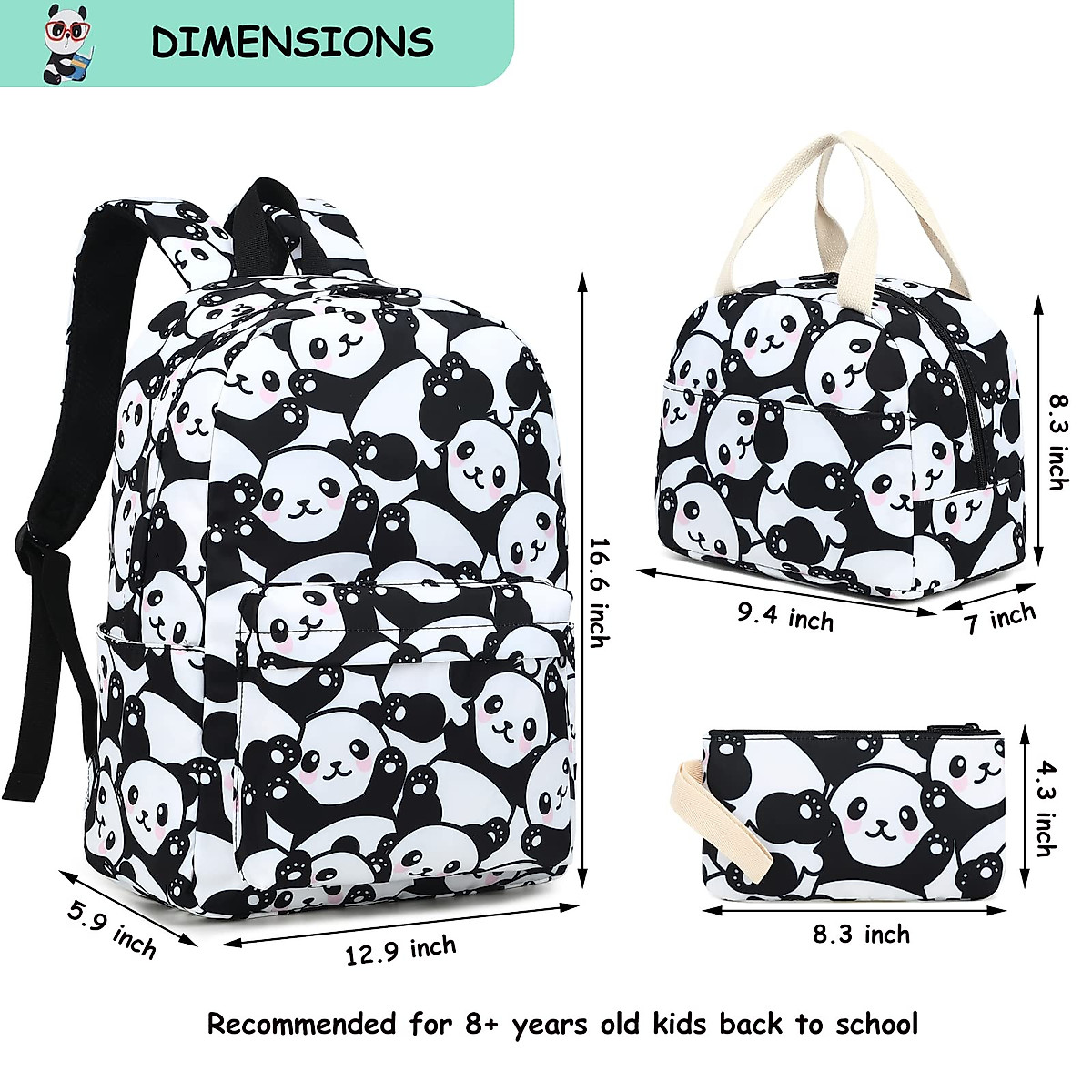Fuyicat Panda School Backpack Set for Girls, 3-in-1 Kids Teens Elementary Middle School Bags Bookbag with Lunch Bag Pencil Case