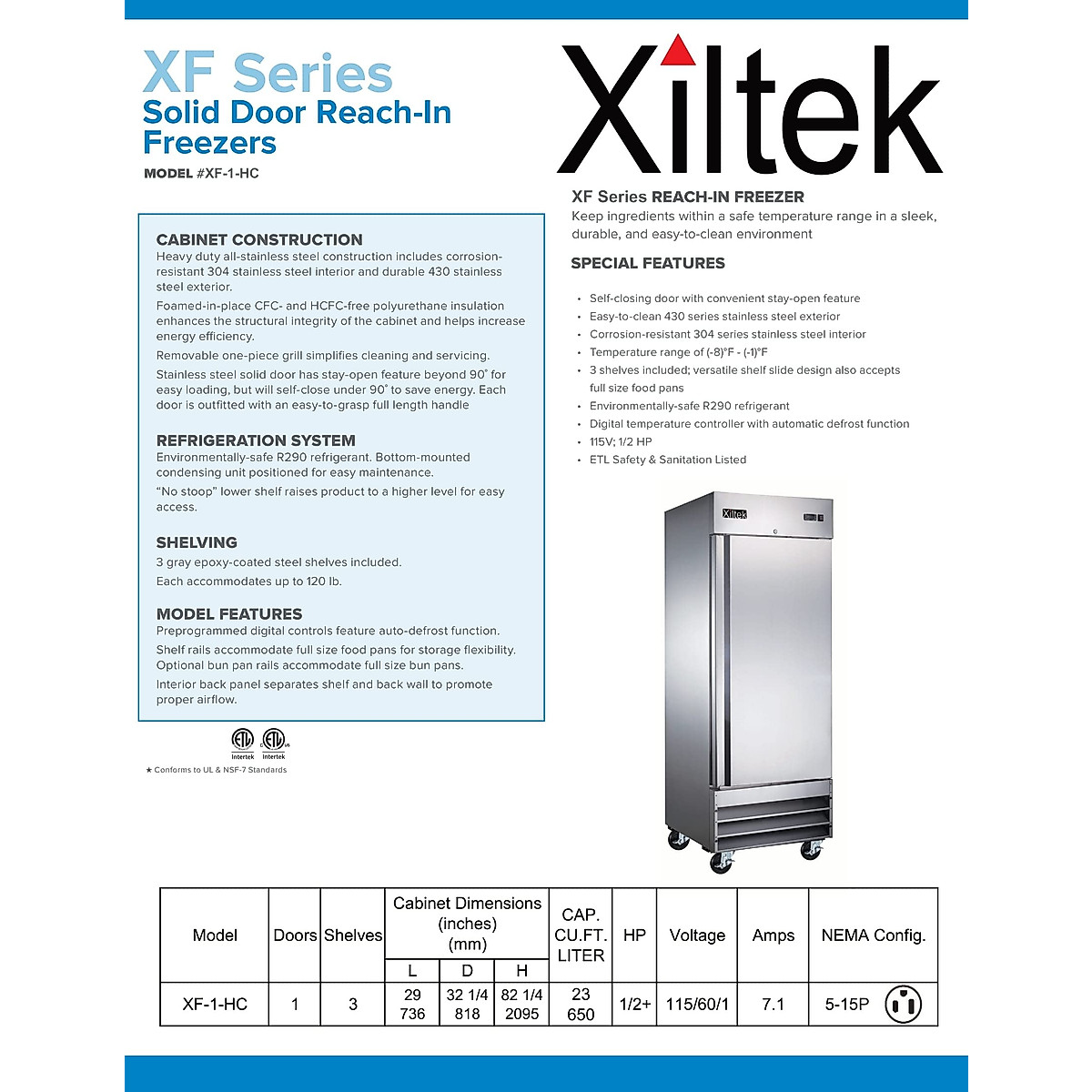 Xiltek 29" Commercial Freezer with Single Stainless Solid Door, 23 cu.ft Stainless Steel Reach-in Freezer for Restaurant, Bar, Shop, Food