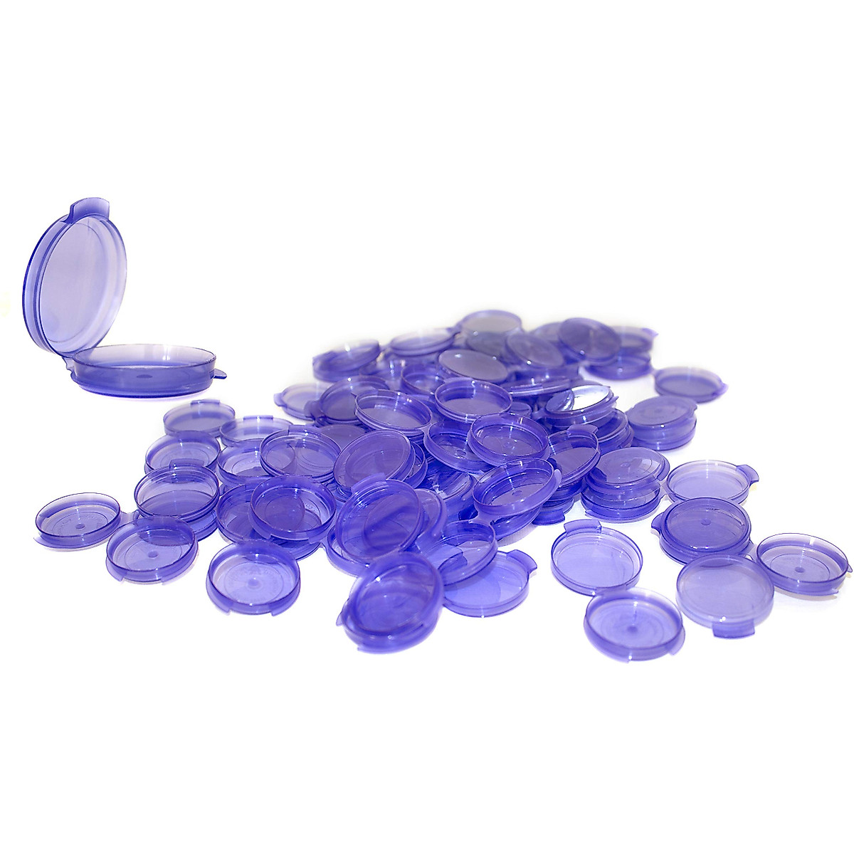MADE IN THE USA 100 Pack Small Plastic Containers with Attached Clamshell Lids for Makeup Samples, Skincare Testers, Lab Work, Beads, Seeds, Jewelry, Coins, Travel (Transparent Purple, 1/20 (0.05 oz)