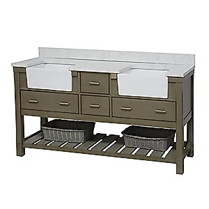 Kitchen Bath Collection Charlotte 72-inch Double Farmhouse Vanity (Engineered Carrara/Weathered Gray): Includes Weathered Gray Cabinet with Engineered Carrara Countertop and White Ceramic Apron Sinks