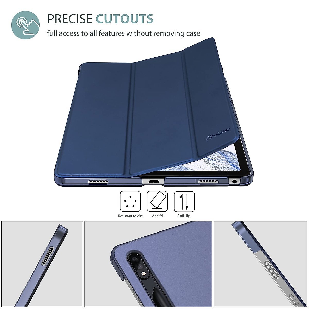 ProCase Cover for Galaxy Tab S8 Plus 2022/ Tab S7 FE 2021/ Tab S7 Plus 2020 12.4 inch Case, Protective Slim Case Folio Hard Back Smart Cover for 12.4” Galaxy Tab S8+ / S7 FE / S7+ -Navy