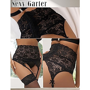 ohmydear Plus Size Lace Garter Belts High Waisted Suspender Belt Sets with 4 Straps for Thigh High Stockings Black XS-S