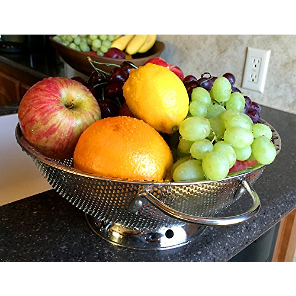 DLD Stainless Steel Micro-Perforated 5-Quart Colander - Professional Strainer with Heavy Duty Handles and Self-draining Solid Ring Base - Dishwasher Safe
