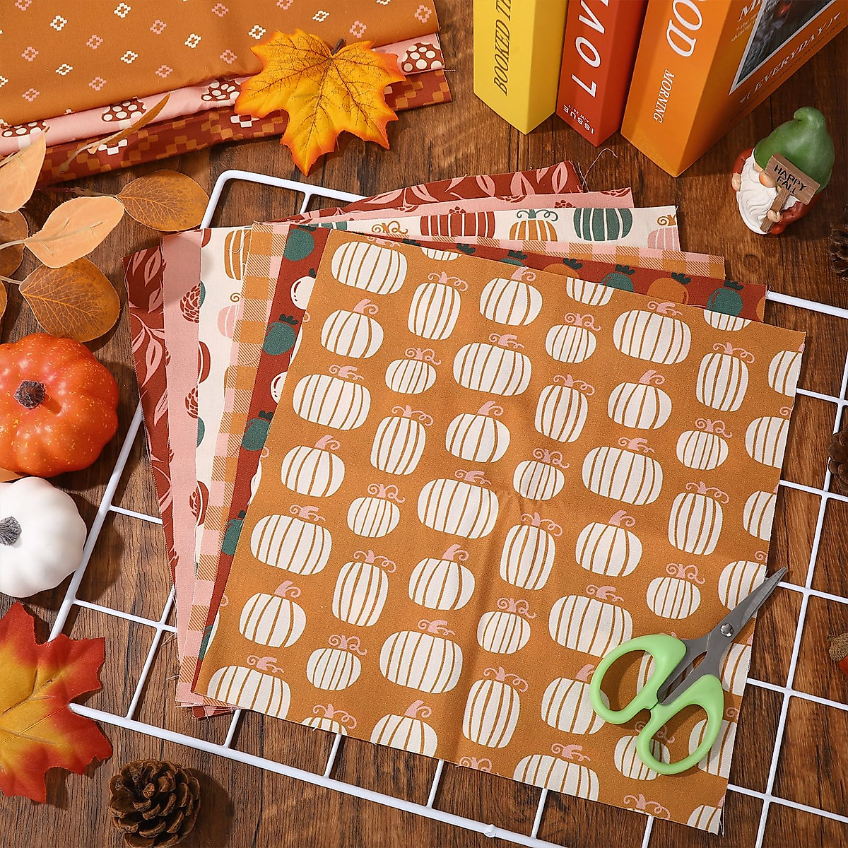 Whaline 12Pcs Boho Fall Cotton Fabric Bundles 10 x 10 Inch Autumn Fat Quarters Boho Sewing Fabrics for DIY Handmade Crafting Home Party Decor