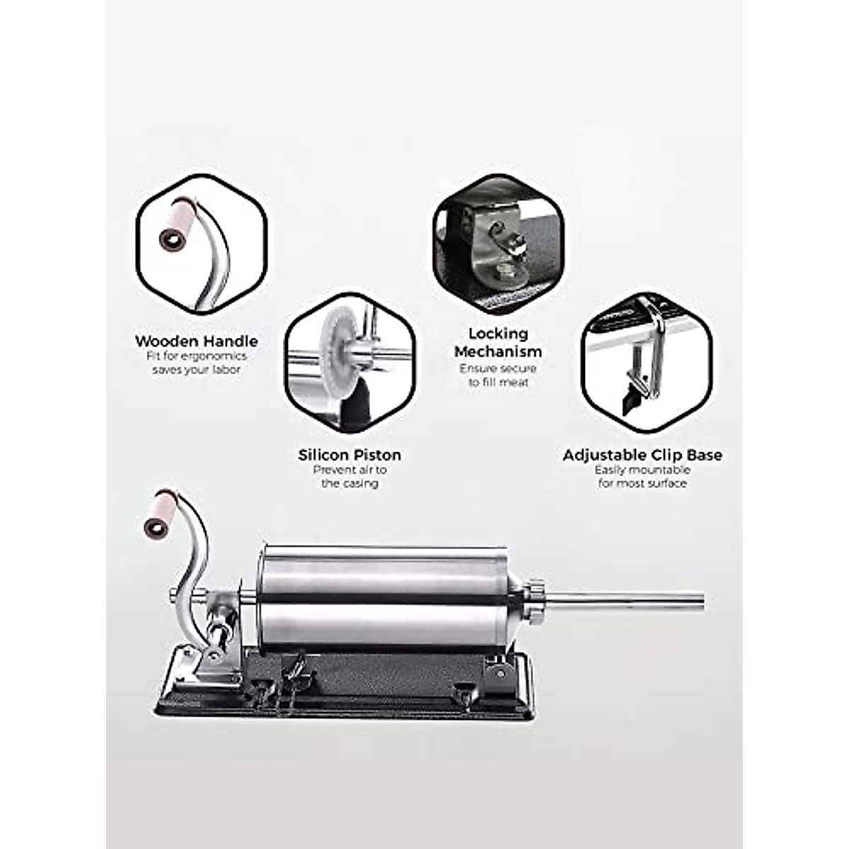 MZTOGR Sausage Stuffer - Stainless Steel Homemade Manual Sausage Maker Horizontal Meat Filling Kitchen Machine, Packed 8 Stuffing Tubes (2.5LBS)