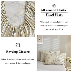 VClife Modern Floral Sheets Full Size Bedding Sets Khaki Taupe Beige Blueish Gray Floral Printed Sheets with 16" Extra Deep Pocket, 4 pcs Washed Microfiber Sheet Sets, Fade Resistant