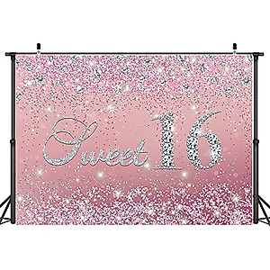 Hilioens 7×5ft Sweet 16th Birthday Backdrop Glitter Pink Diamonds Bokeh Girls 16th Birthday Party Backgorund Shining Silver Happy Sixteen Birthday Party Banner Deocrations Photo Booth Props