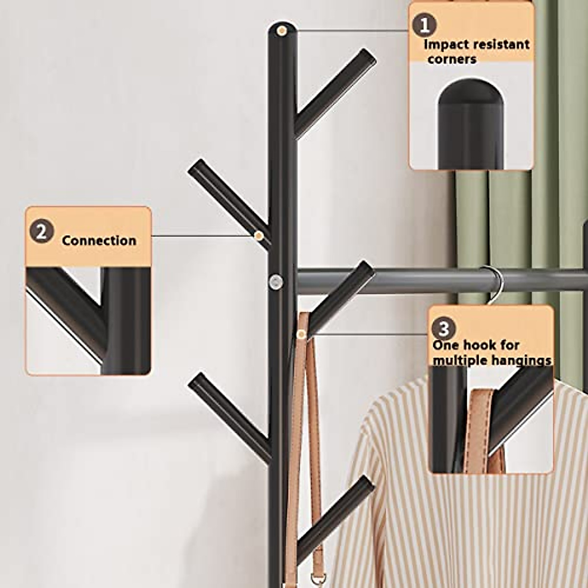 OTBK Rolling Metal Coat Rack Two Shelves Clothing Hooks Garment Rack Organizer with Wheels Bottom Shelves for Clothes Hats Bags (Color : Black)