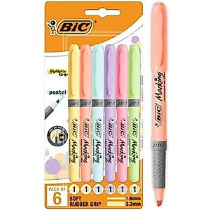 BIC Highlighter Grip Pastel, Highlighter Pens with Adjustable Chisel Tip, Rubber Grip for Extra Comfort, Assorted Colours, Pack of 6