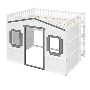 Full Size House Loft Beds Wood Loft Bed Frame with Window and Wall Fun Playhouse Bed with Ladder for Kids Boys Girls Teens, White with Gray
