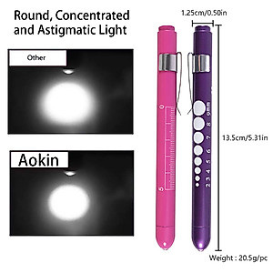 Aokin Pen Light with Pupil Gauge, Reusable LED Penlight Medical for Doctor Nurse Diagnostic etc, White Light, Rose and Purple