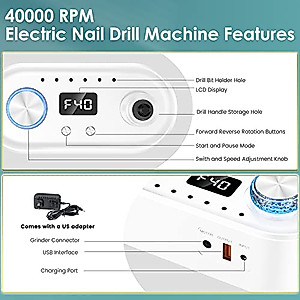 Electric Nail Drill Machine, 40000RPM Professional Efile Nail Drill Kit, Electric Nail File for Acrylic Nails Gel Nails, Toenail Grinder Manicure Pedicure Polishing Shape for Home Salon Use by JOEOEN