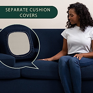 CHUN YI 3 Pieces Stretch Loveseat Sofa Cover Bandles 4 Pieces Stretch Sofa Cover, Washable Soft Sofa Slipcover with Separate Seat Cushion Covers, Dark Blue