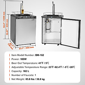 VEVOR Beer Kegerator, Single Tap Draft Beer Dispenser, Full Size Keg Refrigerator With Shelf, CO2 Tank(No Gas), Drip Tray & Rail, 23°F- 82.4°F Temperature Control, 162L, Silver