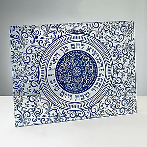 Rite Lite Glass Challah Board, Blue Damask Pattern Shabbat Challah Tray - Shabbat Gifts, Shabbat Blue Glass Challah Board 13" L
