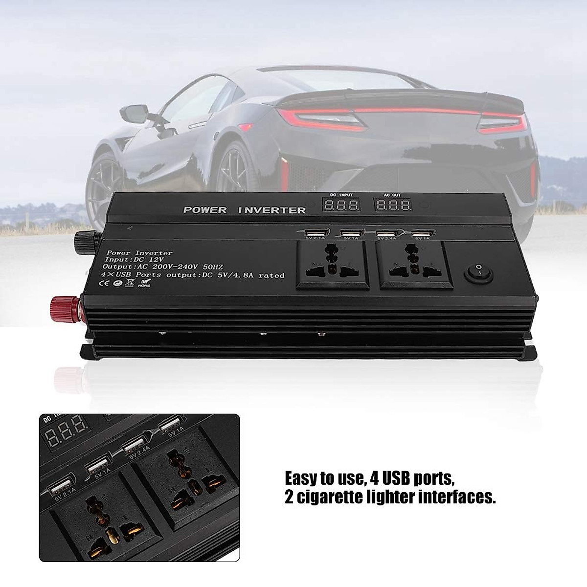 Suuonee Car Power Converter, 4000W DC 12V to AC 220V LCD Display Pure Sine Wave USB Power Inverter Converter
