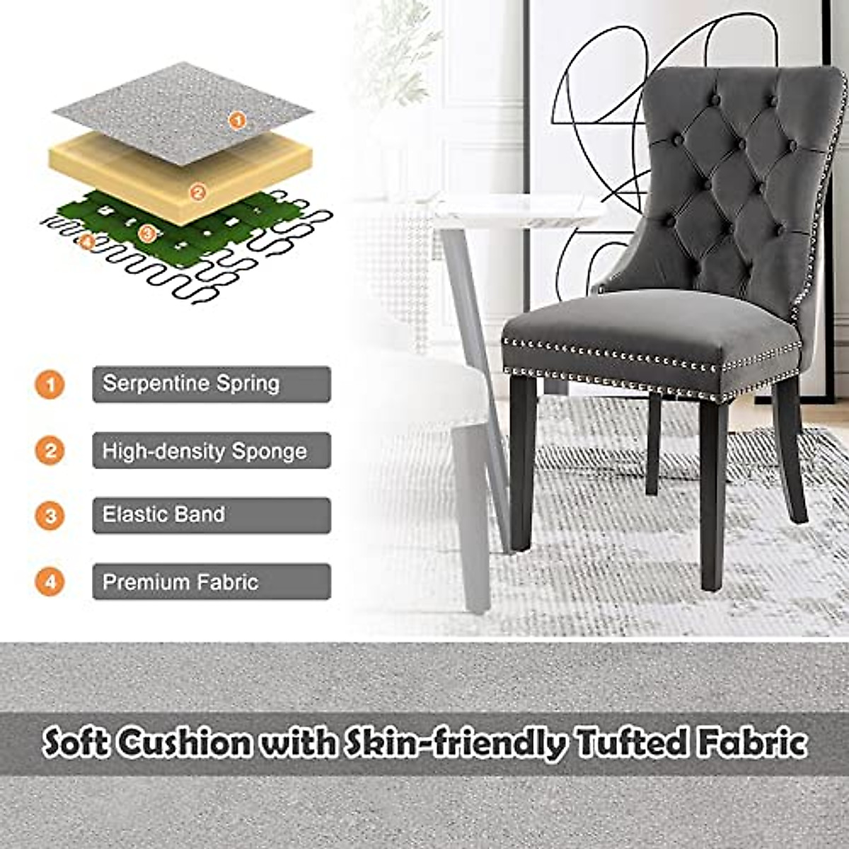BEEY Velvet Upholstered Dining Chair Set of 4 Dark Grey Modern Tufted Accent Chairs with Nailhead Trim and Back Ring Pull,High Chair with Solid Wood Legs for Living Room Baronet Restaurant