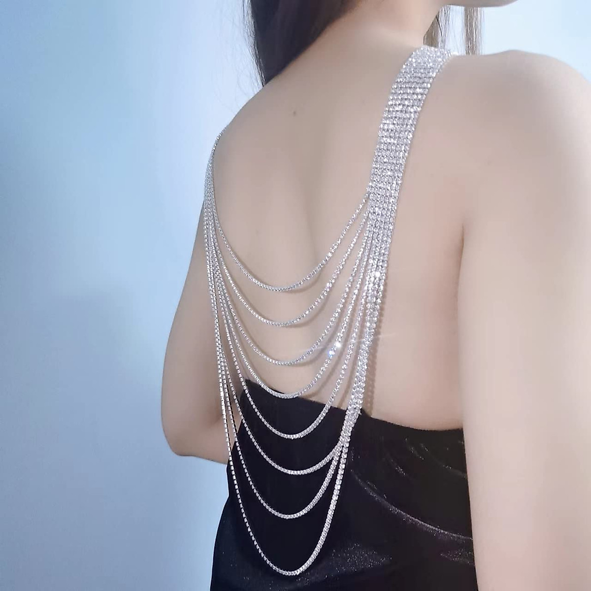 Layered Rhinestone Backdrop Necklace for Women 8 Strand Crystal Choker and Back Chain Necklace Bridal Jewelry for Wedding Prom Party