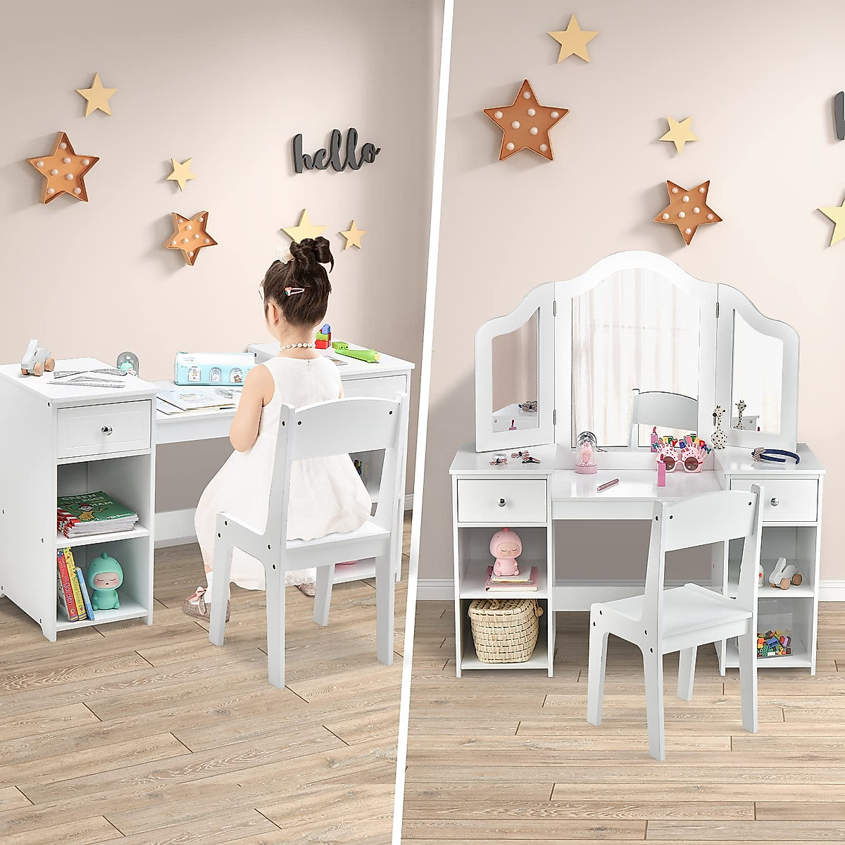 AKUSTIK Kids Vanity, 2 in 1 Wooden Princess Makeup Table and Chair for Toddlers with Tri-Folding Detachable Mirror, Storage Drawers for Little Girls, Pretend Beauty Dressing Desk Play Set Toy Gift