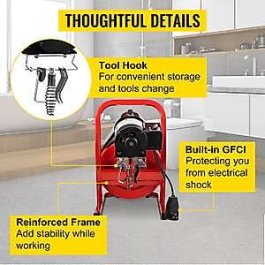 VEVOR Drain Cleaner Machine 75Ft x 1/2Inch, 370W Drain Cleaning Machine Fits 1 Inch (25mm) to 4 Inch(100mm) Pipes, Portable Electric Drain Auger Cleaner with 8 Cutters, Gloves