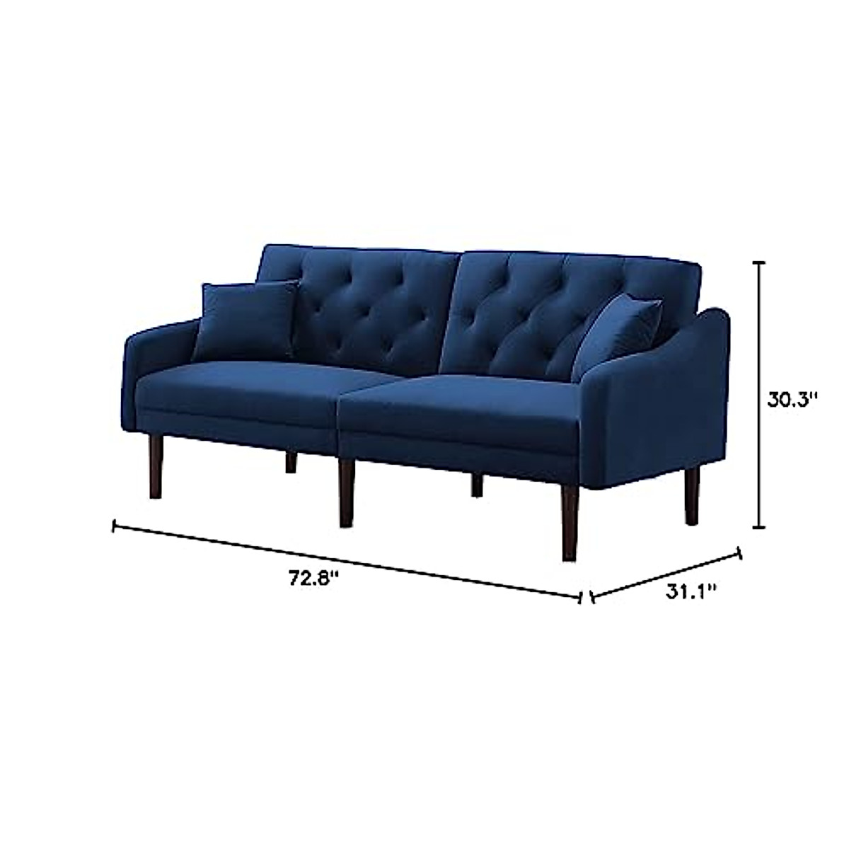DNYN Convertible Sleeper Futon Sofa with 2 Pillows, Velvet Tufted Couch w/Metal Legs and Adjustable Backrest, for Apartment Office Small Space Living Room Furniture, Blue