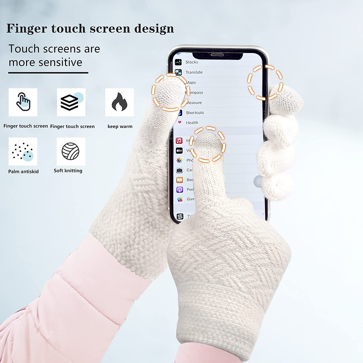 Women Winter Beanie Hat Scarf Touchscreen Gloves Set White, Warm Fleece Lining with Cute Pom Pom Cold Weather Soft Fashion Knitted Cap Lady