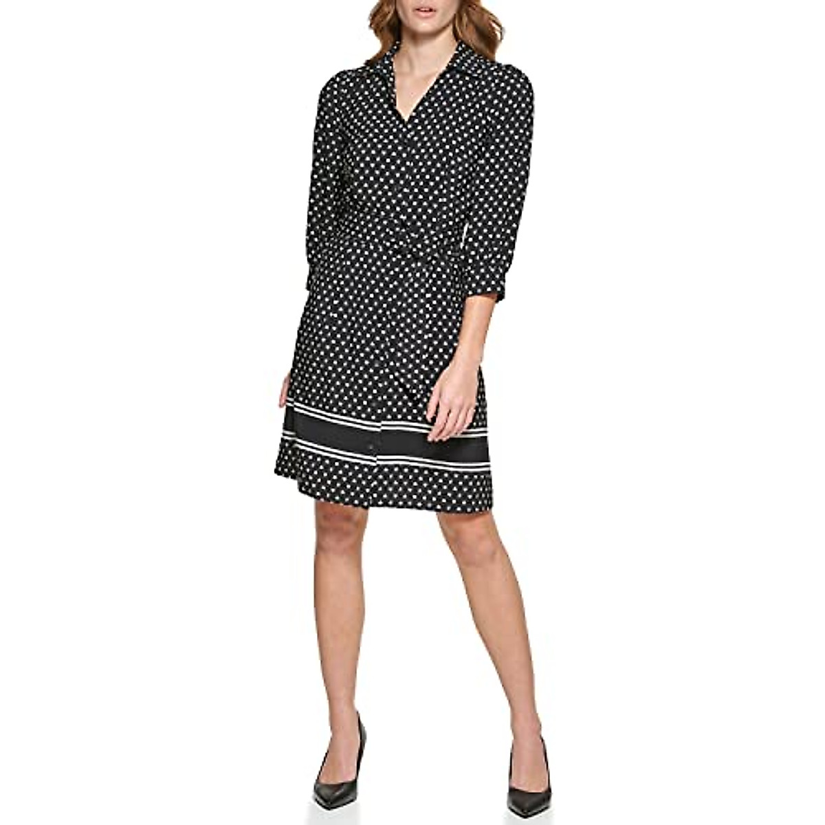Karl Lagerfeld Paris Women's Paris Printed Cotton Shirt Dress, Black w/Soft White Details, 14