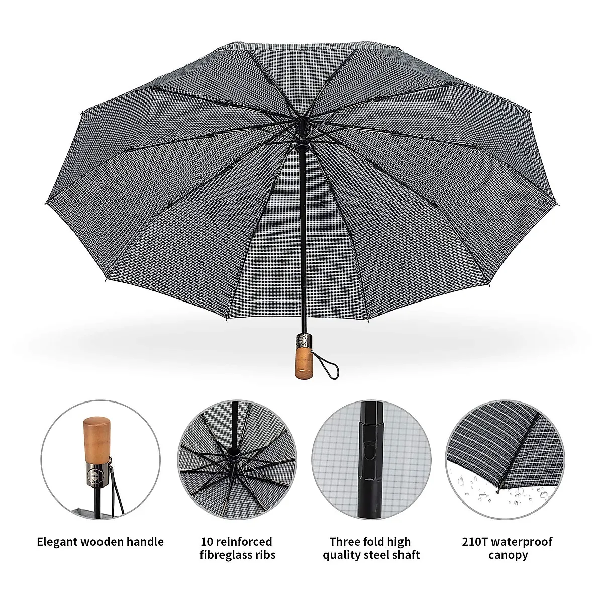 HOMILOOP Compact Folding Umbrella,10 Ribs Business Brolly,Automatic Opening,Compatible Rainy and Sunny Weathers,Vintage Plaid and Wooden Handle Parasol