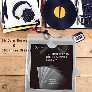 ZOLEF 100 12" anti static Vinyl Record Sleeves Combo Pack (50x 3mil Outer Sleeves & 50x Inner Round Bottom Sleeves), vinyl protective Crystal Clear Fit for Single & Double Lp Album Collection
