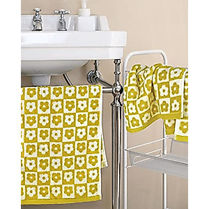 4 Pack Cotton Hand Towels for Bathroom Kitchen - Soft and Quick Drying Face Towels Checkered Floral Yellow, 410 GSM, 29” x 13”