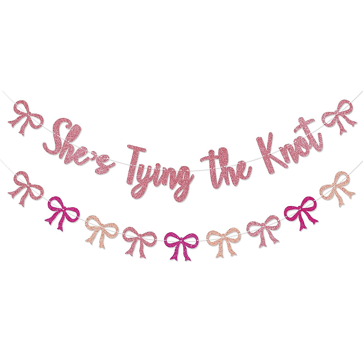Coquette She's Tying The Knot Banner & Pink Bow Bunting Garland - Coquette Bridal Shower Engagement Wedding Party Decorations Pink Glitter