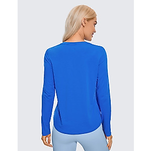 CRZ YOGA Pima Cotton Workout Long Sleeve Shirts for Women Athletic Crewneck Yoga Casual Tops Plain T-Shirt Strong Blue Large