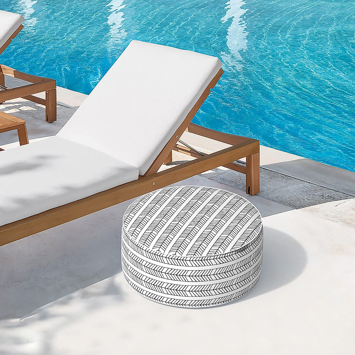 TWLEAR Indoor/Outdoor Inflatable Ottoman D21 x H9 inch, Round Footstool Inflatable Foot Rest Ottoman with Handle, Portable Ottoman Pouf for Patio, Garden, Camping, Home, Herringbone Black White
