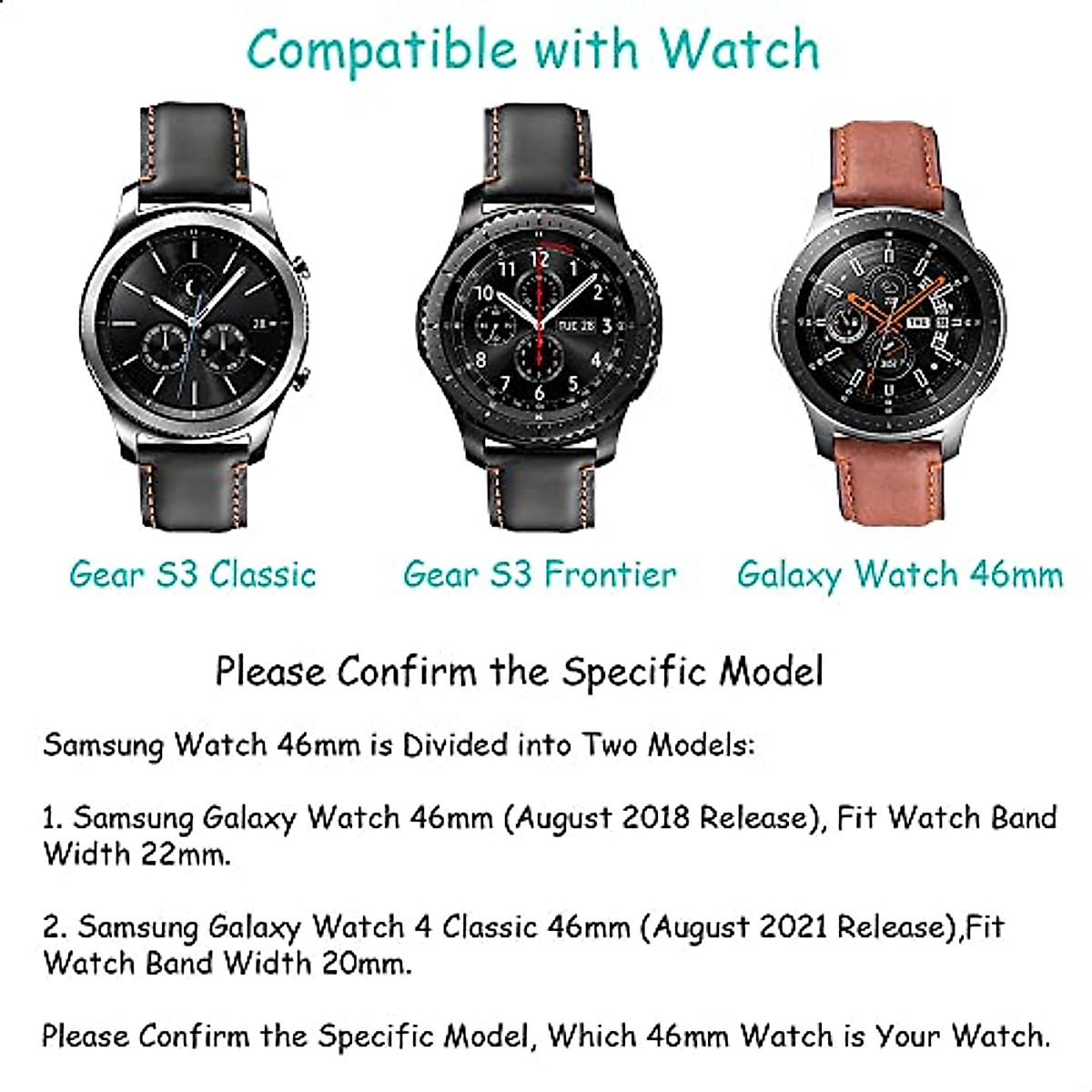 Galaxy Watch 46mm Bands 2 Pack, Compatible with Samsung Gear S3 Frontier / Classic Band, for Galaxy Watch 46mm Band, Width 22mm Leather Men Women Quick Release Smart Straps (Black+Brown)