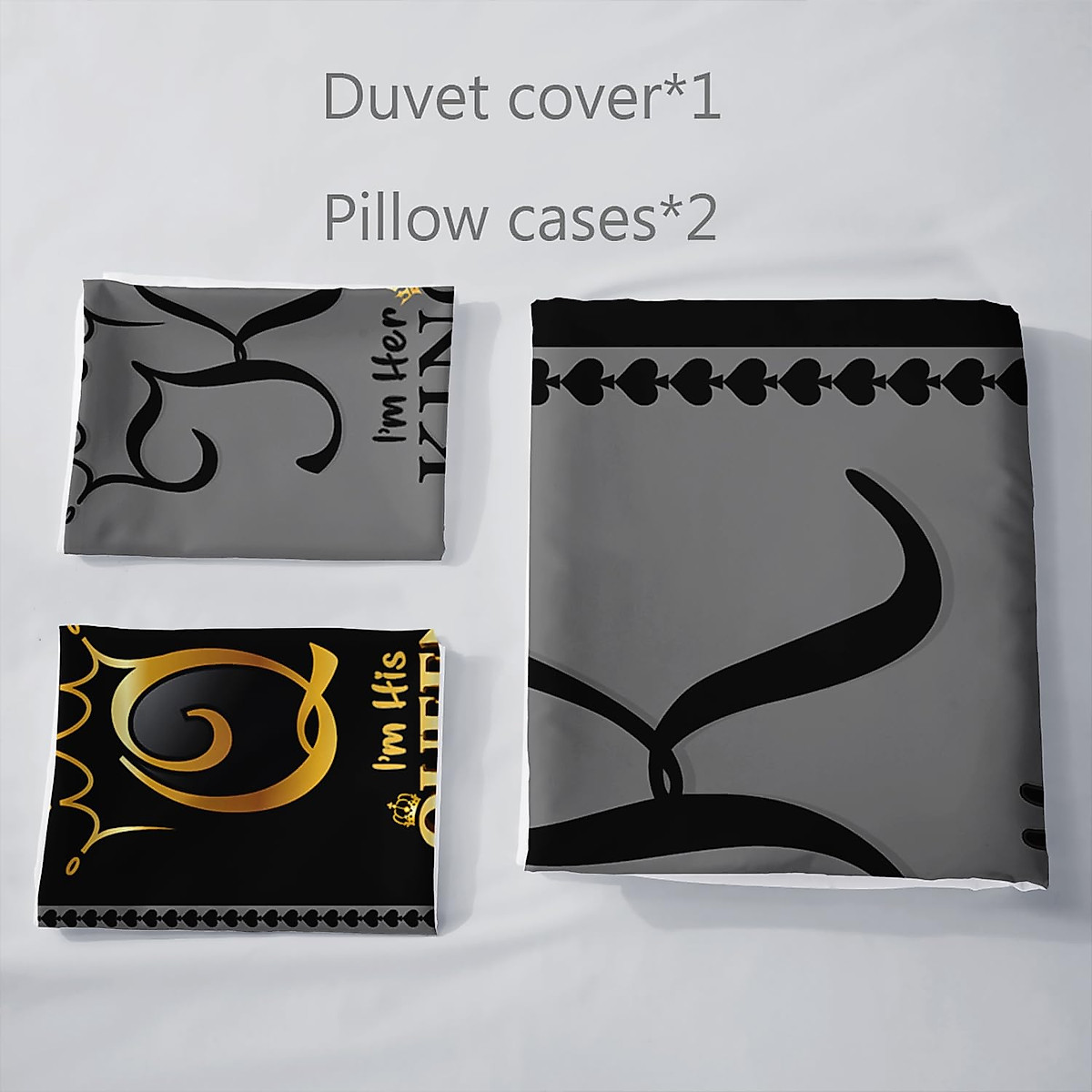 AILONEN Grey and Black Duvet Cover Set Queen Size, K and Q Printed Crown Couple Bedding Set Gifts,3 Piece His Her Themed Lightweight Microfiber Comforter Cover with 2 Pillowcases