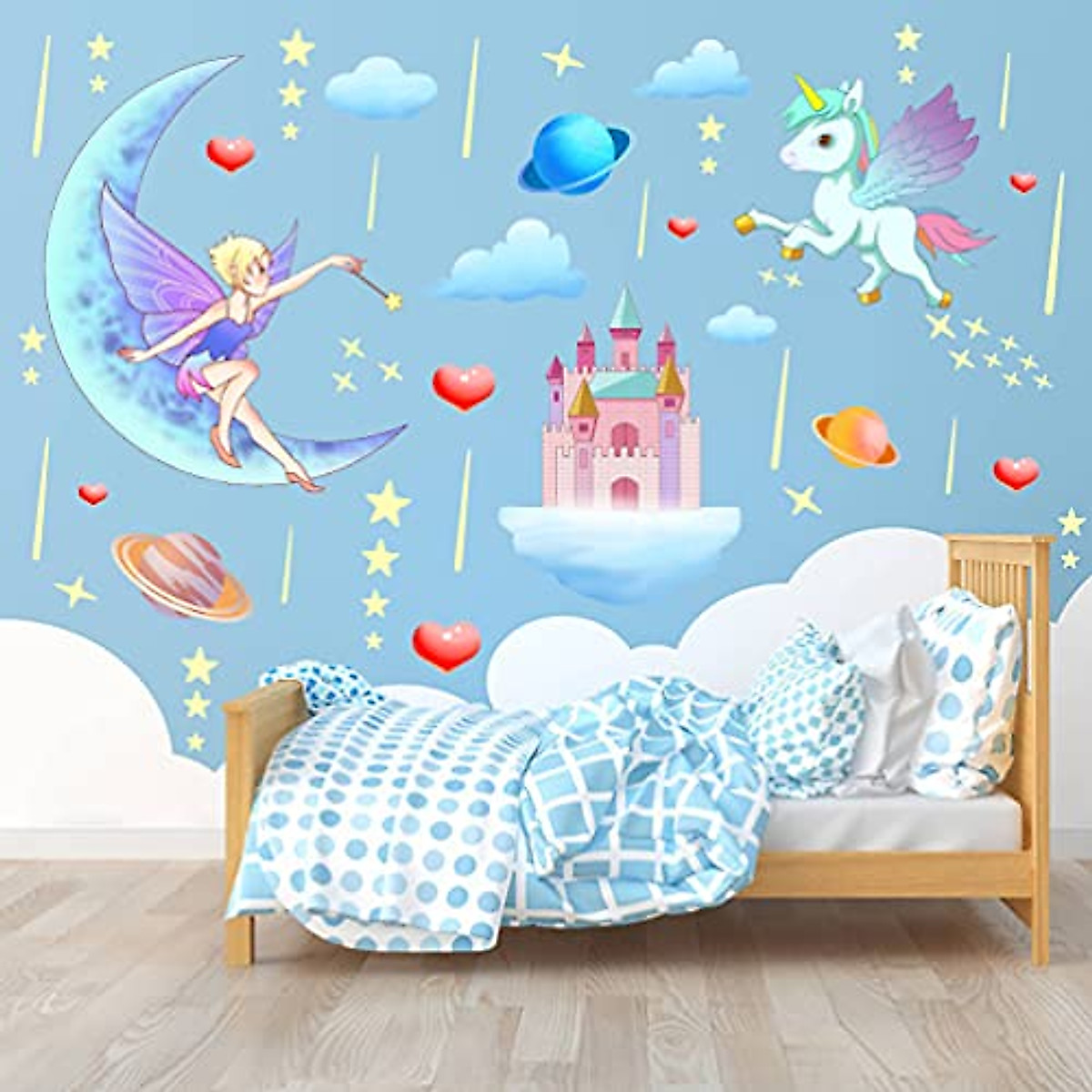 MESU Glow in The Dark Stickers Unicorn Wall Decals Moon Fairy Luminous Ceiling Decor for Girls Kids Room Nursery Unicorn