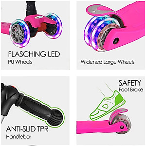 Scooters for Kids 3 Wheel Kick Scooter for Toddlers Girls & Boys, 4 Adjustable Height, Lean to Steer, Extra-Wide Deck, Light Up Wheels for Children from 3 to 14 Years Old,Pink