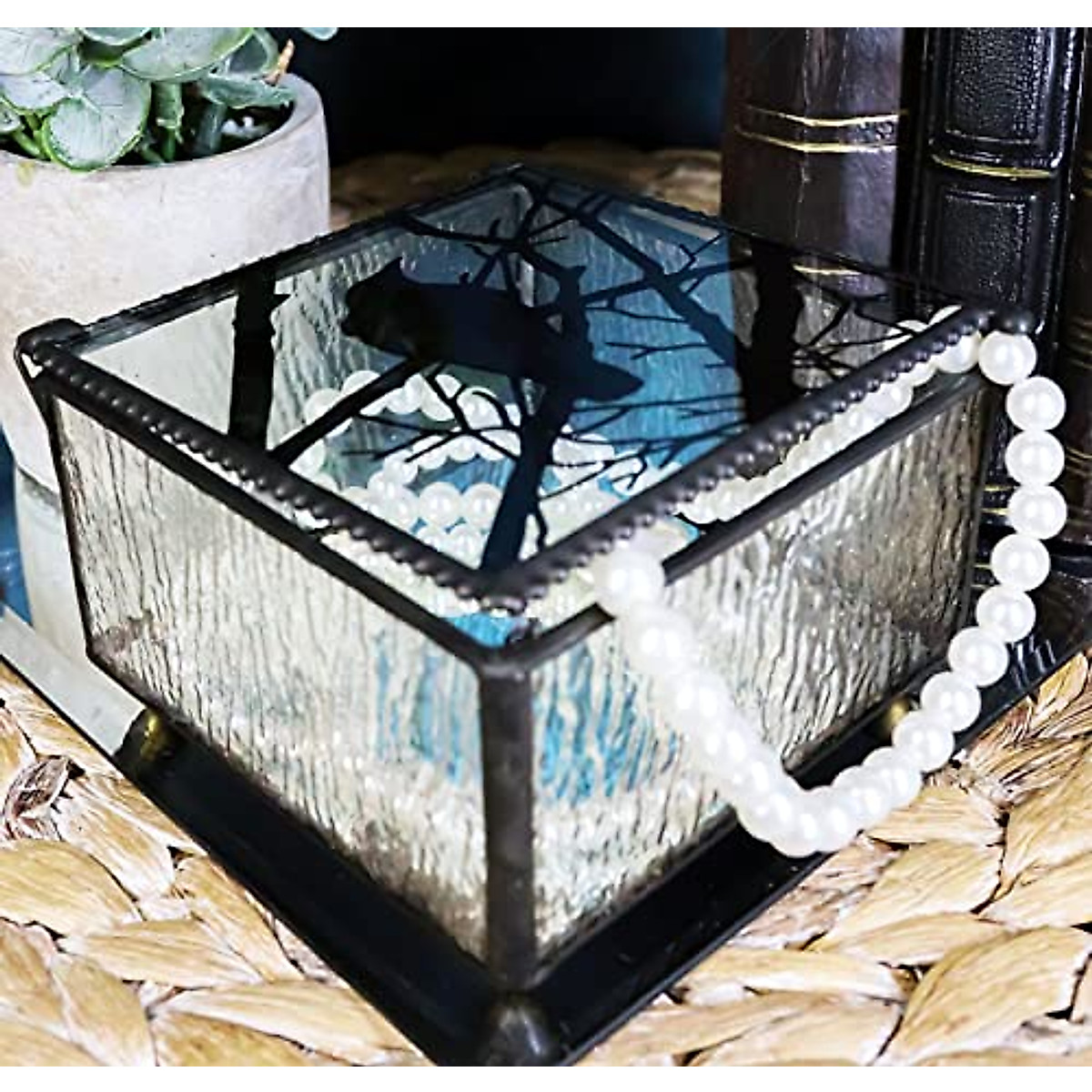 Ebros Gift Gothic Silhouette Raven Crow On Tree Branch Frosted Glass Decorative Jewelry Box 4" Wide Edgar Poe Nevermore Ravens Crows Stash Trinket Secret Box